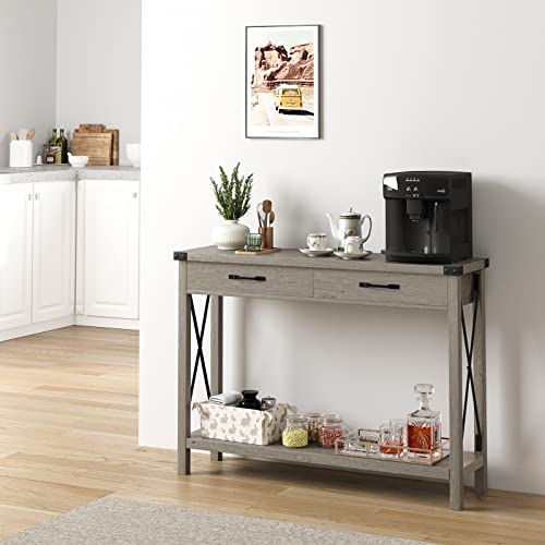 IDEALHOUSE Console Table with 2 Drawers, Farmhouse Entryway Table with Storage Shelf, Accent Wood Sofa Table for Living Room, Hallway, Foyer-Grey