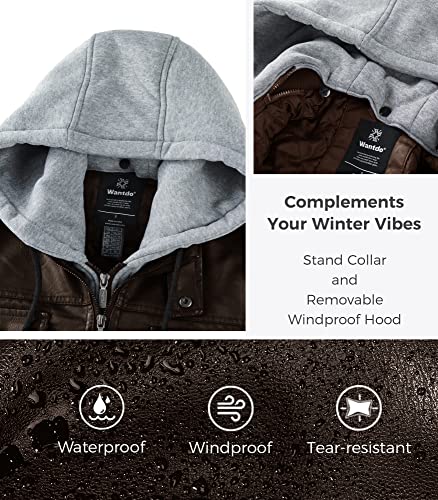wantdo Men's Faux Leather Jacket Warm Winter Leather Coat with Removable Hood Dark Brown L