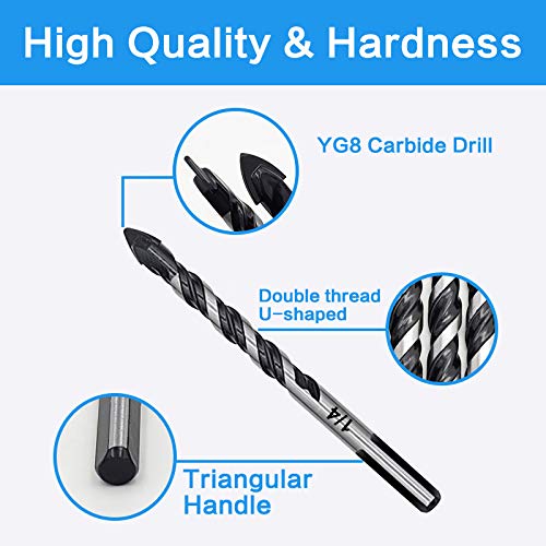 10-Piece Masonry Drill Bits Set for Tile Glass Ceramic Brick Wood, 1/8 to 1/2 Inch Drilling Bits with Triangle Handle, YG8 Tungsten Steel Alloy Tip.(Black)