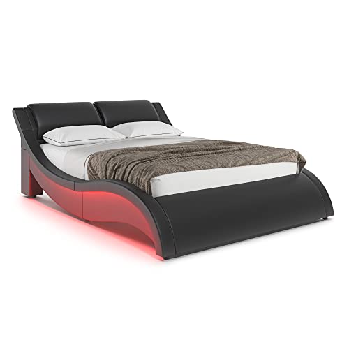ZTOZZ Lyon Wave Like LED Bed Frame Queen Size - Contemporary Modern Curved Faux Leather Upholstered Platform Bed with Designer LED Lights Headboard - Black Color