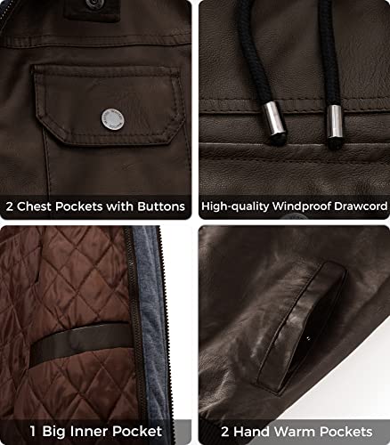wantdo Men's Faux Leather Jacket Warm Winter Leather Coat with Removable Hood Dark Brown L
