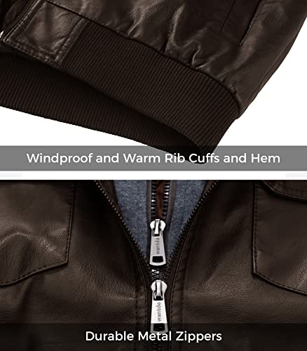 wantdo Men's Faux Leather Jacket Warm Winter Leather Coat with Removable Hood Dark Brown L