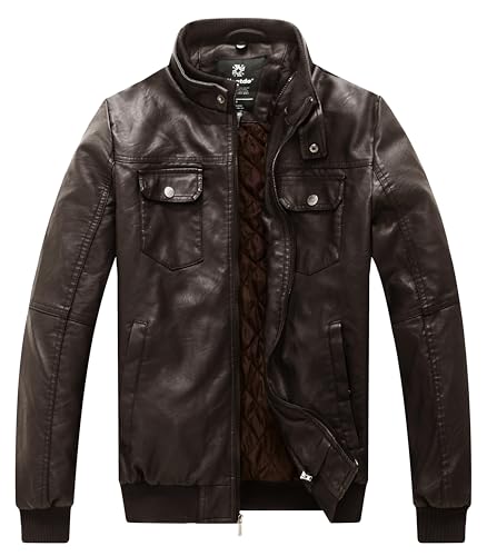 wantdo Men's Faux Leather Jacket Warm Winter Leather Coat with Removable Hood Dark Brown L