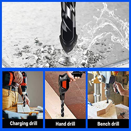 10-Piece Masonry Drill Bits Set for Tile Glass Ceramic Brick Wood, 1/8 to 1/2 Inch Drilling Bits with Triangle Handle, YG8 Tungsten Steel Alloy Tip.(Black)