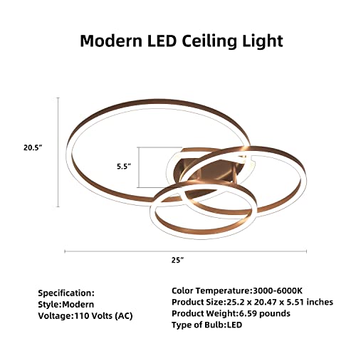Kaiyuan Modern LED Ceiling Light with Remote,Dimmable Flush Mount LED Ceiling Light,3 Circle Close to Ceiling Light,Bedroom Dining Room Kitchen Living Room Light Fixture Wall Lamps Sconces,Brown