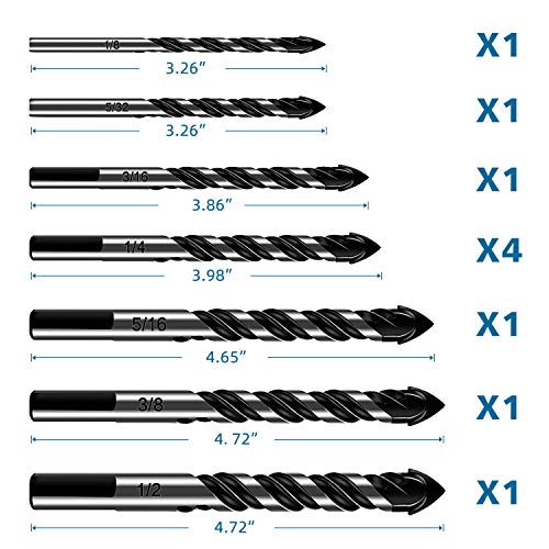 10-Piece Masonry Drill Bits Set for Tile Glass Ceramic Brick Wood, 1/8 to 1/2 Inch Drilling Bits with Triangle Handle, YG8 Tungsten Steel Alloy Tip.(Black)