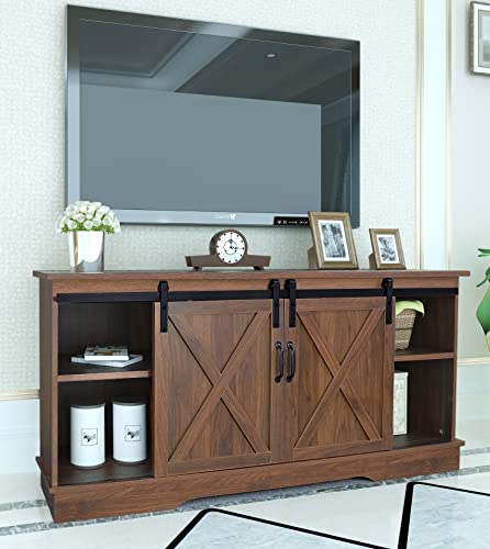 Rainbow Sophia Farmhouse Sliding Barn Door TV Stand for TVs up to 65 Inches, 58 Inch (Dark Walnut)