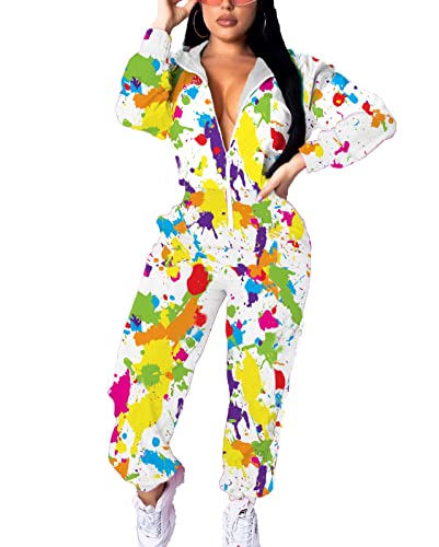 EOSIEDUR Women's One Piece Tracksuit Outfits Windbreaker Jacket Camouflage Crop Top Pants Jumpsuit Set Bandhnu XL