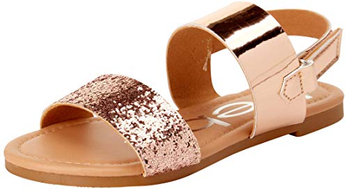 bebe Girls' Sandals - Comfort Sole Open Toe Two Strap Dress Sandals for Little and Big Girls - Fancy Girls Glitter Sandals, Size 2 Little Kid, Rose Gold