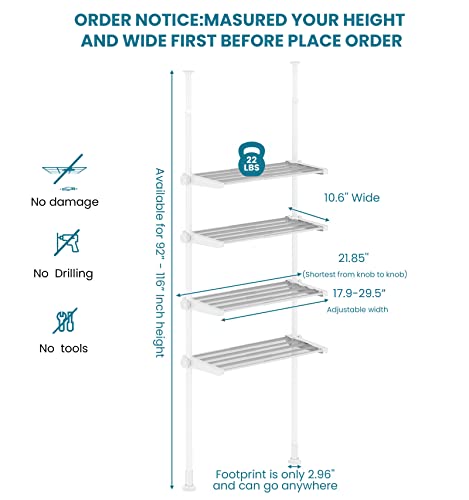 ALLZONE Bathroom Organizer, Over The Toilet Storage, 4-Tier Adjustable Shelves for Small Room, Saver Space, 92 to 116 Inch Tall, White