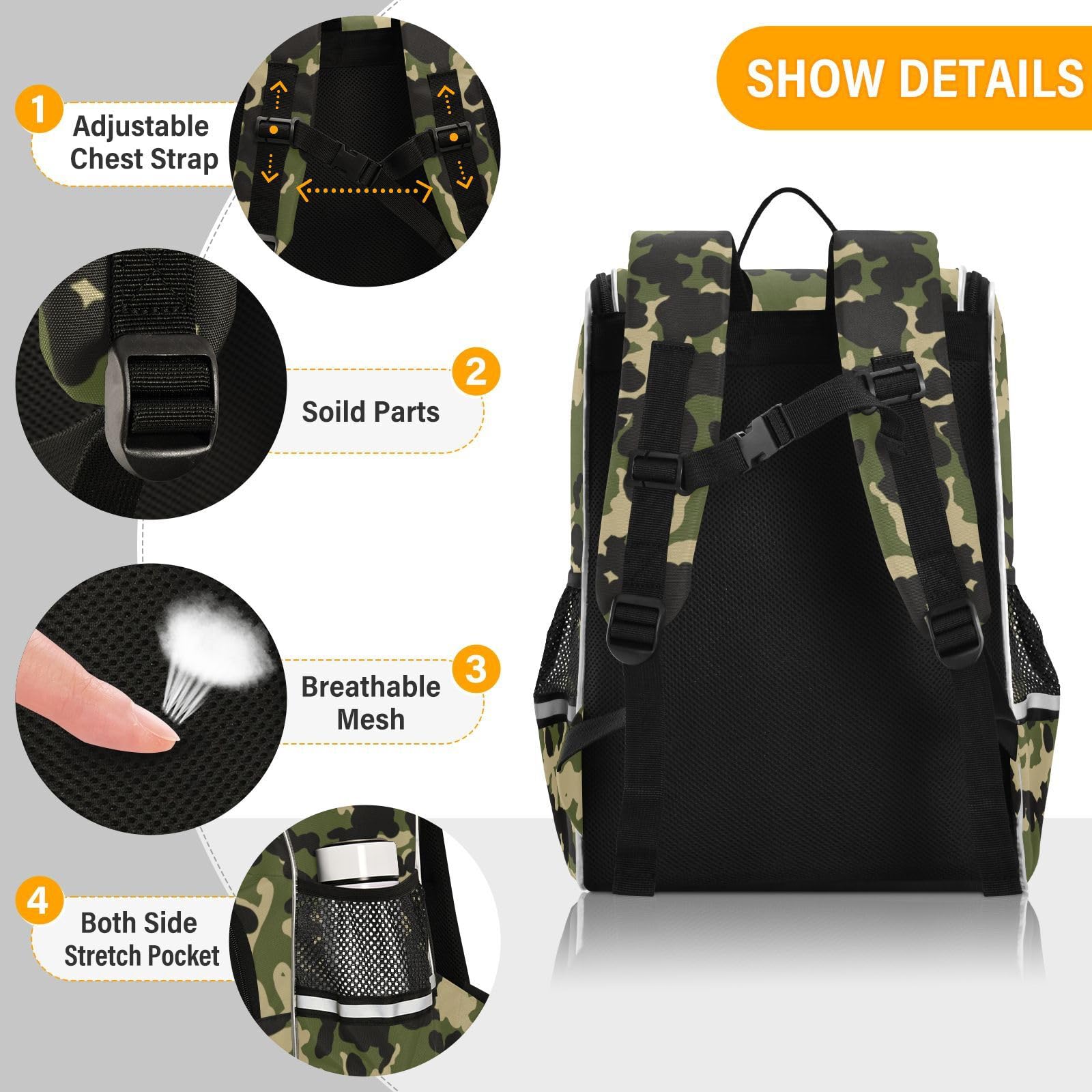 School Backpack with Chest Strap, Army Green Camouflage Laptop Backpack, Travel Hiking Backpack for Boys Girls, Rucksack, Knapsack