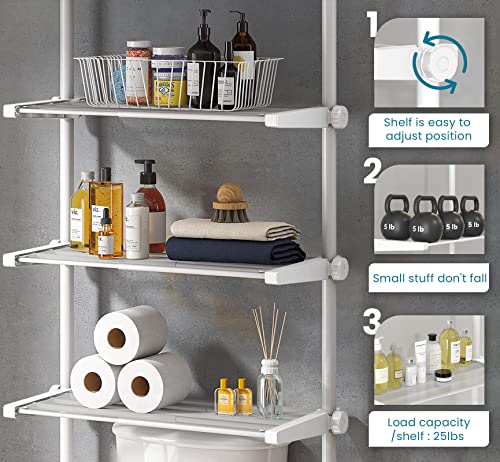 ALLZONE Bathroom Organizer, Over The Toilet Storage, 4-Tier Adjustable Shelves for Small Room, Saver Space, 92 to 116 Inch Tall, White