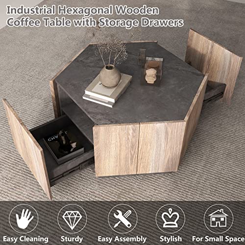 Betoko Industrial Wooden Coffee Table with Storage Drawers Rustic Farmhouse Center Coffee Table for Living Room Office with Cement Pattern Hexagonal Table Top for Small Spaces