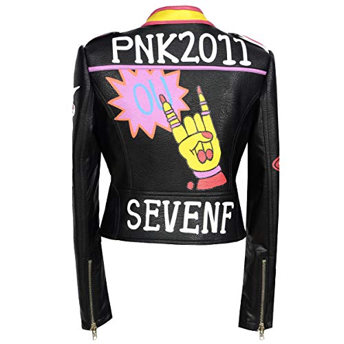 LC WANCHENG GLOBAL TRADE Women's graffiti black sexy motorcycle jacket cartoon print short punk leather jacket (Black, 4XL)