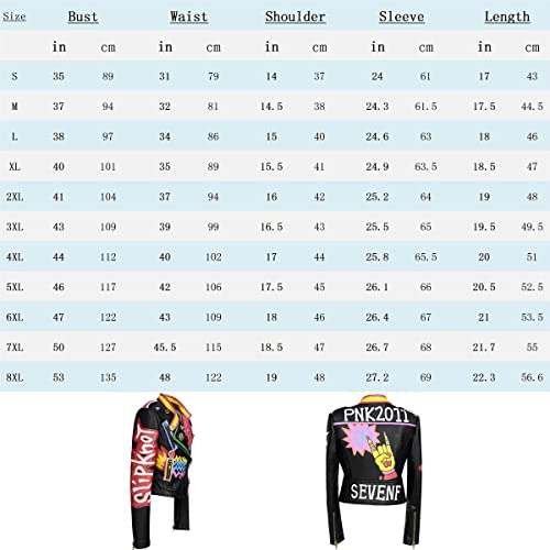LC WANCHENG GLOBAL TRADE Women's graffiti black sexy motorcycle jacket cartoon print short punk leather jacket (Black, 4XL)