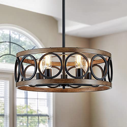 XINGQI Dining Room Chandelier Over Table, Modern Farmhouse Chandelier, 21.7'' Drum Rustic Pendant Light Fixture for Living Room, Round Metal Shade with Black+Wood Grain Finish, 5 Lights