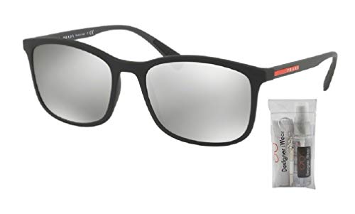 Prada PS01TS LIFESTYLE DG02B0 56M Black Rubber/Light Grey Mirror Silver Rectangle Sunglasses For Men+ BUNDLE With Designer iWear Complimentary Eyewear Kit
