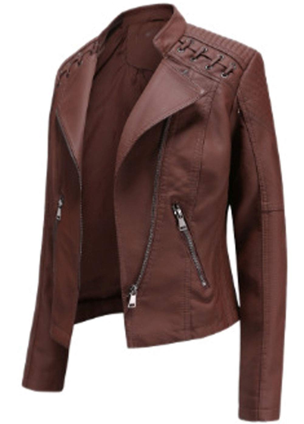 chouyatou Women's String Quilted Shoulder Oblique Zip Moto Pu Leather Biker Jacket (Small, Coffee)