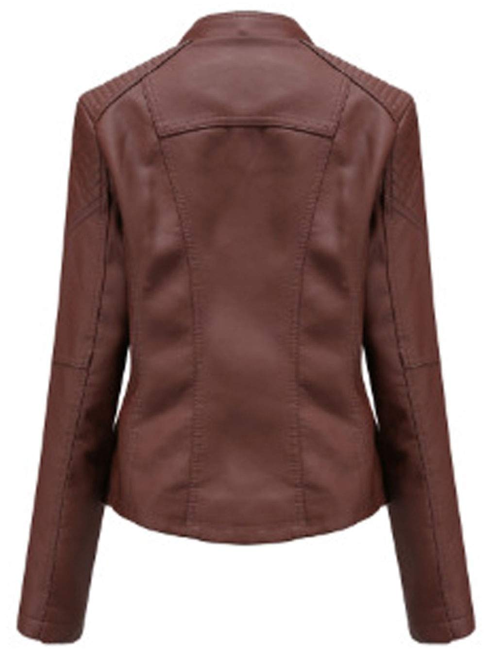 chouyatou Women's String Quilted Shoulder Oblique Zip Moto Pu Leather Biker Jacket (Small, Coffee)
