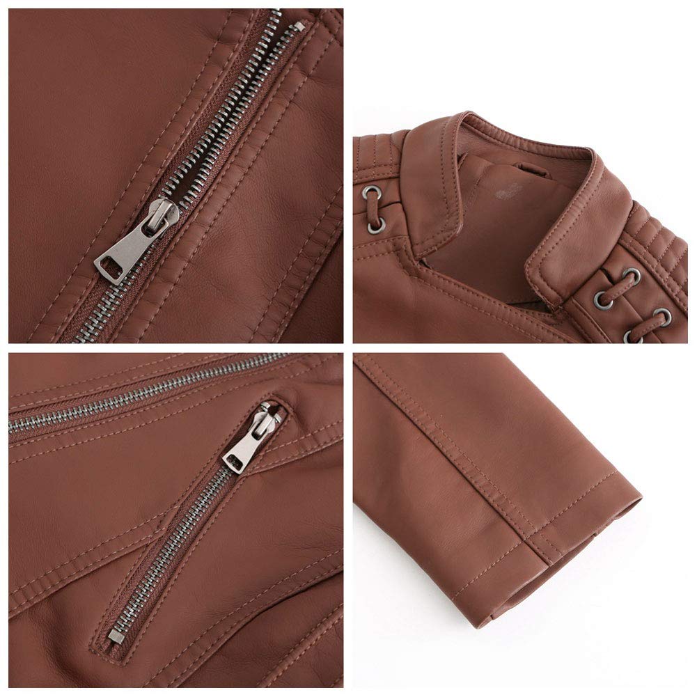 chouyatou Women's String Quilted Shoulder Oblique Zip Moto Pu Leather Biker Jacket (Small, Coffee)