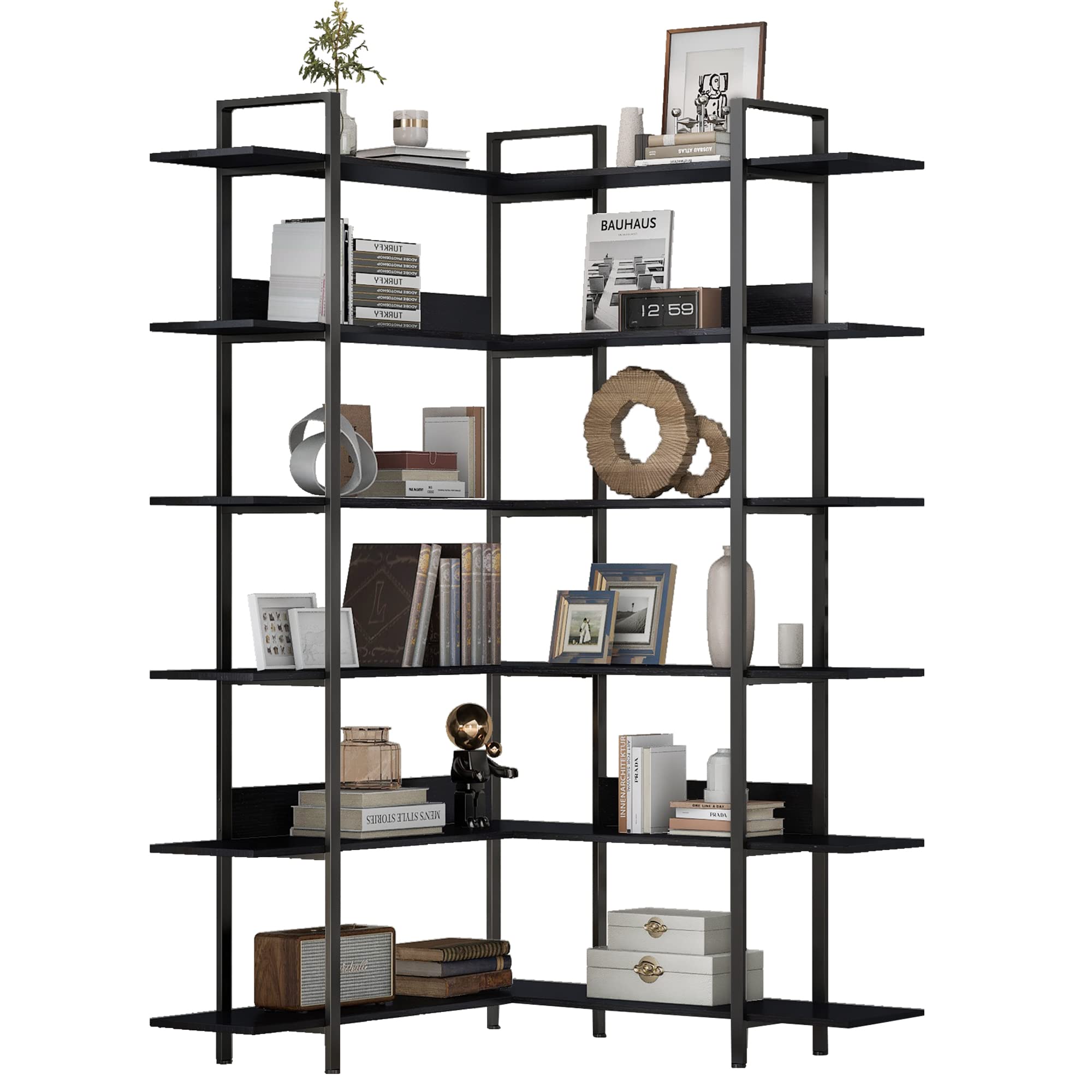 ASTRAEUS Bookshelf 6 Tiers Corner Bookcase L Shaped Shelf,Black