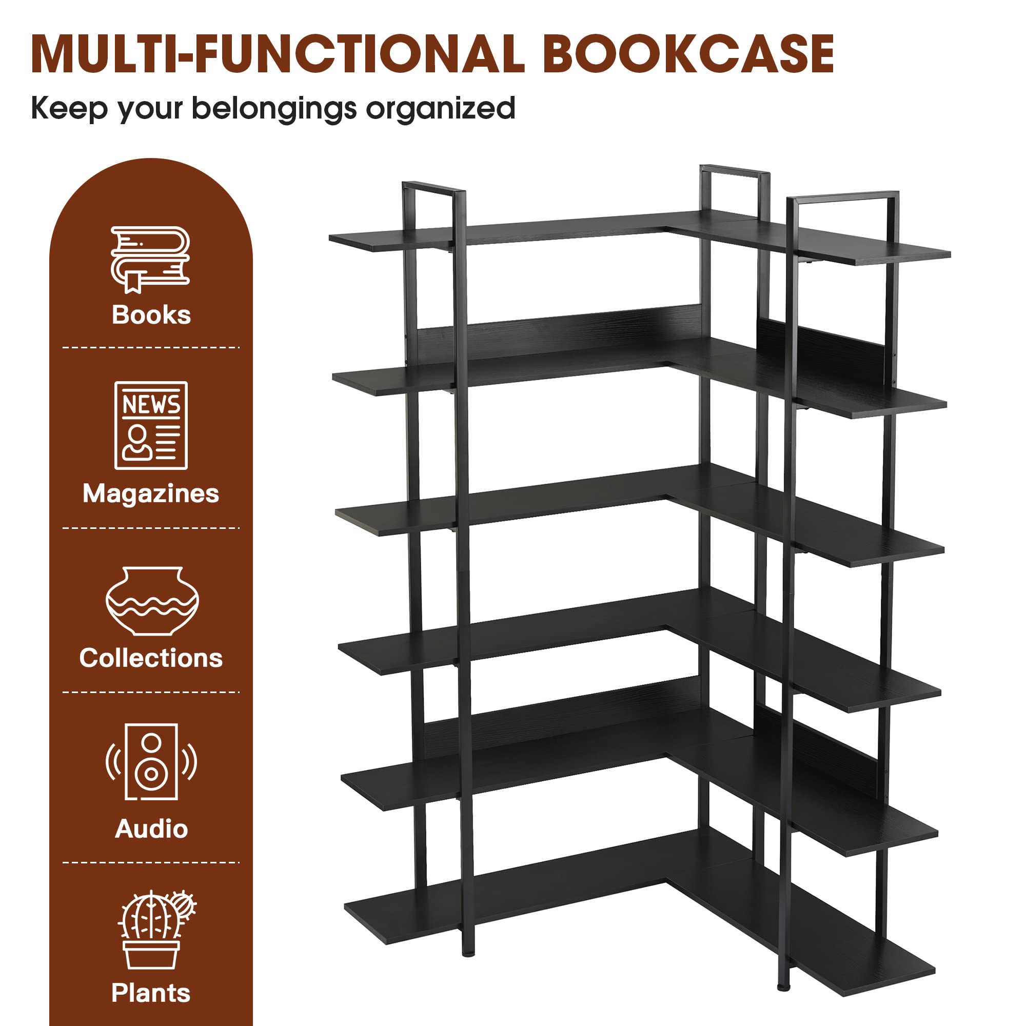 ASTRAEUS Bookshelf 6 Tiers Corner Bookcase L Shaped Shelf,Black