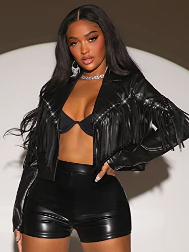 WDIRARA Women's PU Leather Fringe Trim Jacket Outerwear Long Sleeve Party Streetwear Open Front Elegant Crop Jacket Waistcoat Black M