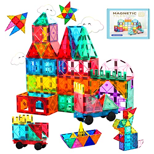 Aquadawn 110 Pieces Magnetic Building Tiles Set with 2 Cars, Magnetic Building Blocks for Toddlers 1-3, Educational Toys Tiles for Kids Ages 4-8, 3D Magnet Building Blocks Toys Gifts for Girls Boys