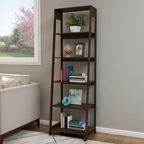 Lavish Home 5-Tier Ladder Bookcase - Freestanding Tiered Wood Bookshelf with Leaning Look - Decorative Shelves for Home and Office Storage (Brown)