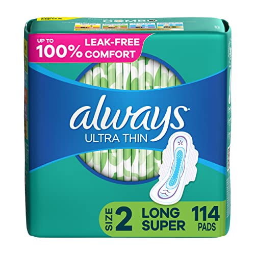 Always Ultra Thin Daytime Pads with Wings, Size 2, Long Super, Unscented, 114 Count
