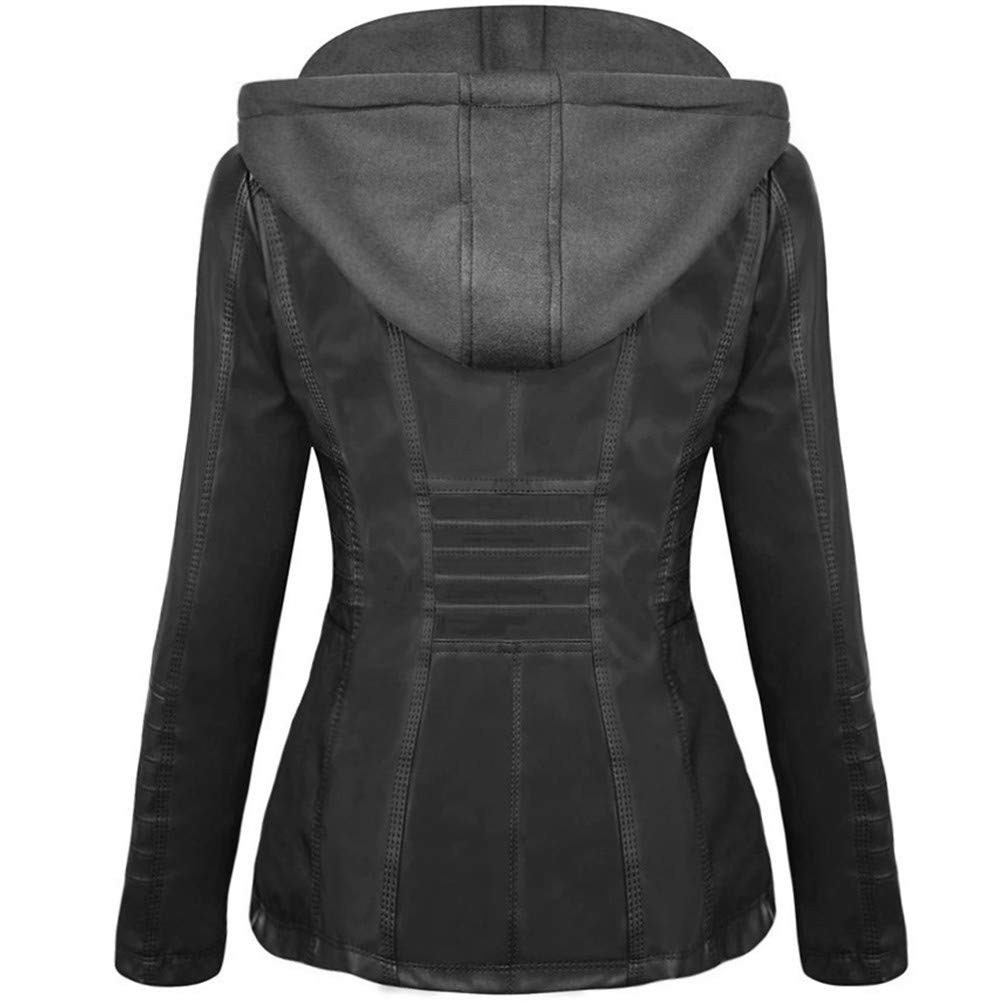 Newbestyle Womens Hooded Faux Leather Moto Biker Short Jacket Quilted Zip Up Coats Black L