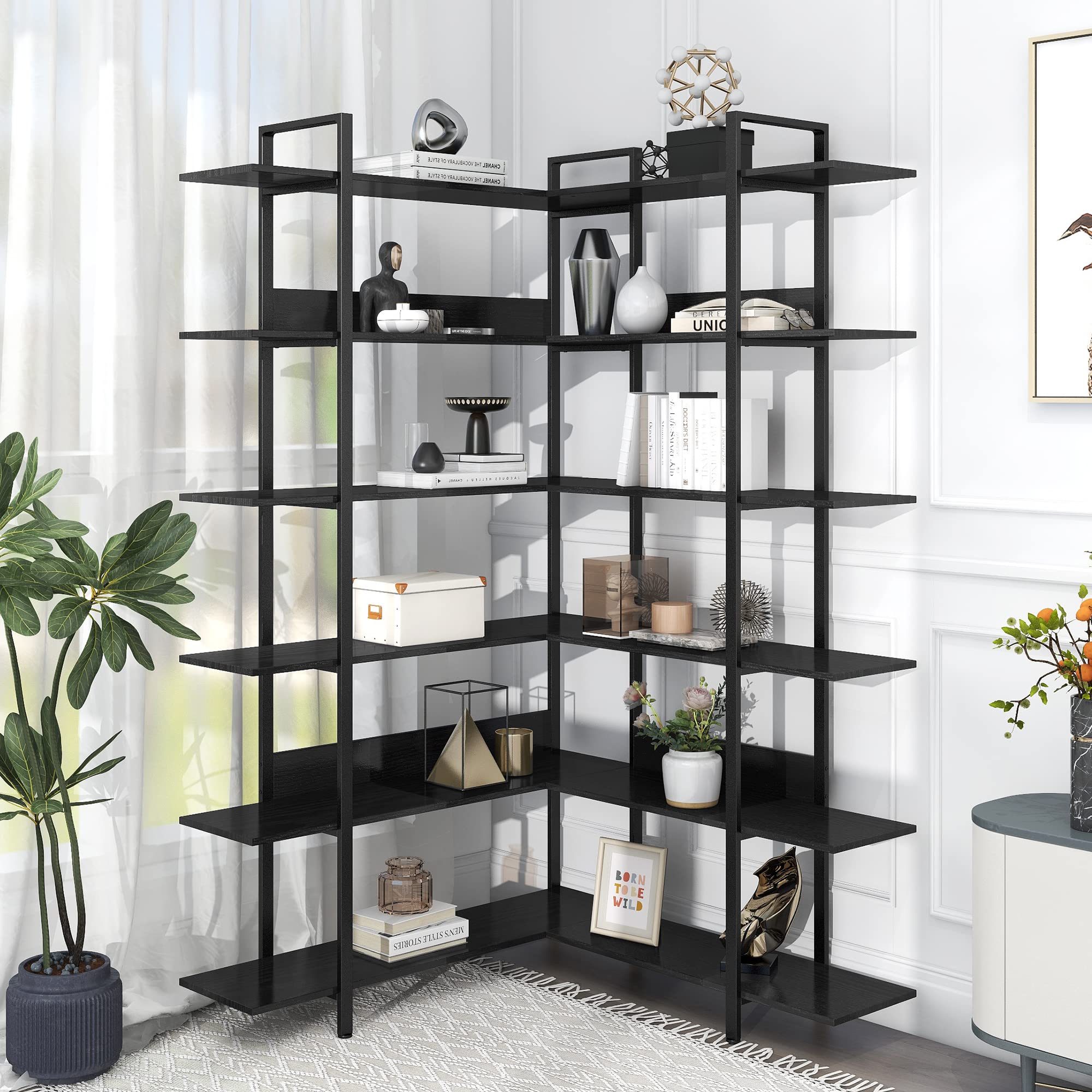 ASTRAEUS Bookshelf 6 Tiers Corner Bookcase L Shaped Shelf,Black