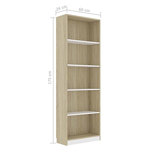 Modern Style,5-Tier Bookshelf,bookcase,Storage Shelf,Display Rack,shelving unit,for Living Room,Bedroom,Dining room,Kitchen,Study,Hallway,Bathroom,White and Sonoma Oak 23.6"x9.4"x68.9" Chipboard