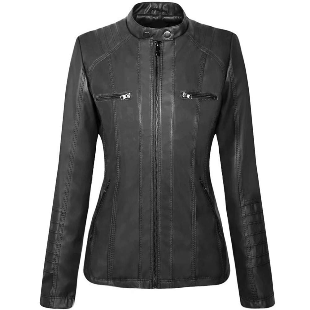 Newbestyle Womens Hooded Faux Leather Moto Biker Short Jacket Quilted Zip Up Coats Black L