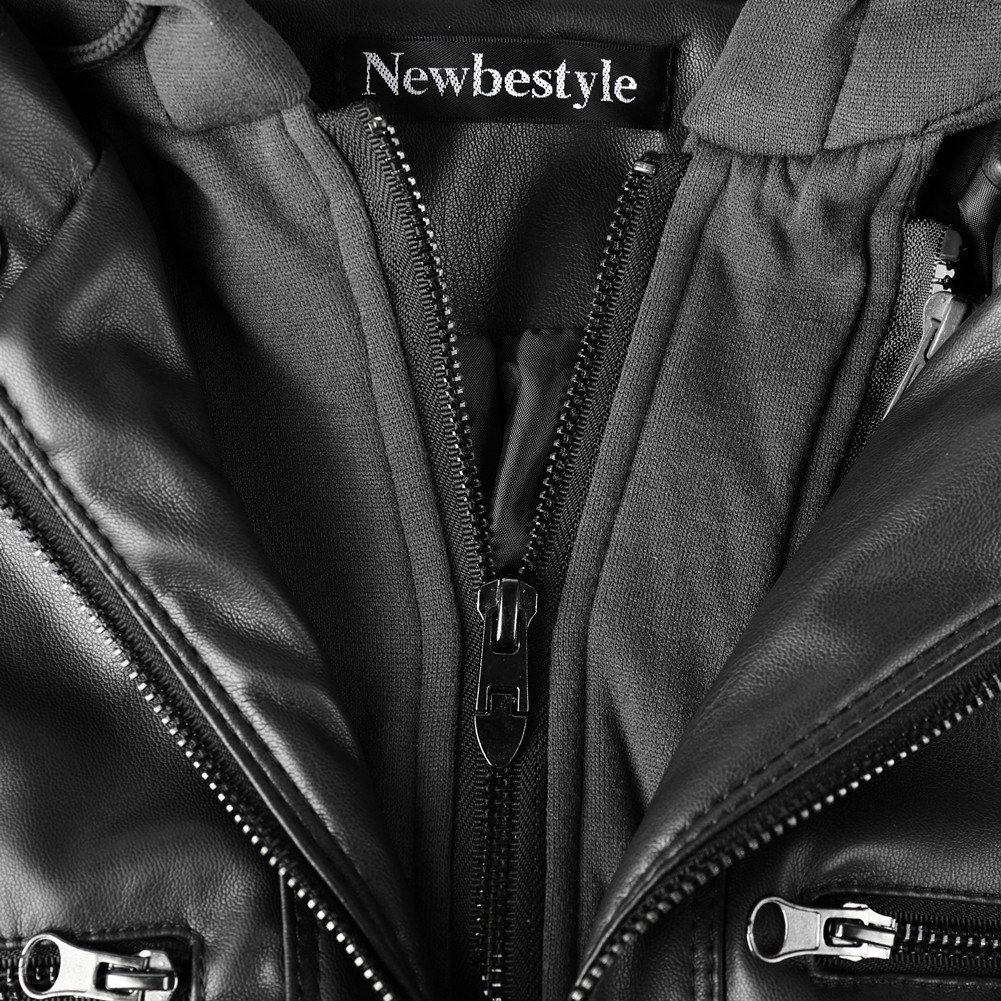Newbestyle Womens Hooded Faux Leather Moto Biker Short Jacket Quilted Zip Up Coats Black L