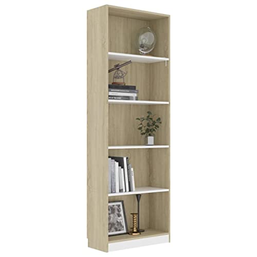 Modern Style,5-Tier Bookshelf,bookcase,Storage Shelf,Display Rack,shelving unit,for Living Room,Bedroom,Dining room,Kitchen,Study,Hallway,Bathroom,White and Sonoma Oak 23.6"x9.4"x68.9" Chipboard