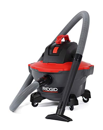 RIDGID, 62698, 6 Gallon RT0600 NXT Wet/Dry Vac, RED Professional Industrial, 4.25 HP, Casters, Pro Locking Hose, Qwik Lock Filter, Longer Motor Life, Polyropylene Drum, Large Handle, Dark Gray and Red