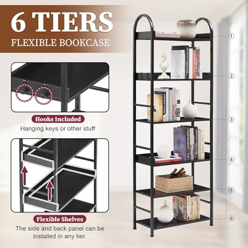 Daesar 70.8 Inch Tall Bookshelf, 6-Tier Shelves with Round Top Frame, MDF Boards, Adjustable Foot Pads, Black
