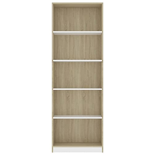 Modern Style,5-Tier Bookshelf,bookcase,Storage Shelf,Display Rack,shelving unit,for Living Room,Bedroom,Dining room,Kitchen,Study,Hallway,Bathroom,White and Sonoma Oak 23.6"x9.4"x68.9" Chipboard