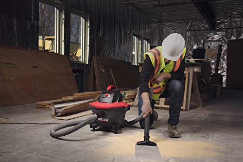 RIDGID, 62698, 6 Gallon RT0600 NXT Wet/Dry Vac, RED Professional Industrial, 4.25 HP, Casters, Pro Locking Hose, Qwik Lock Filter, Longer Motor Life, Polyropylene Drum, Large Handle, Dark Gray and Red