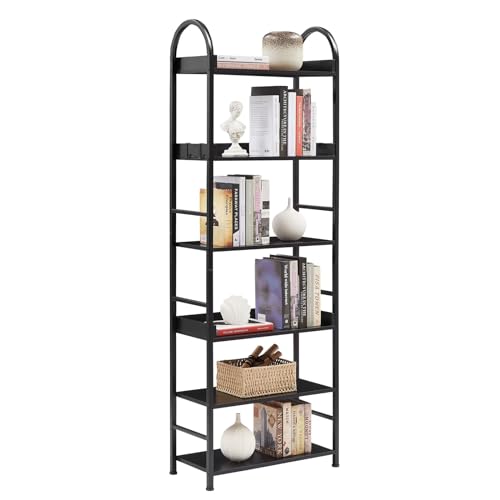 Daesar 70.8 Inch Tall Bookshelf, 6-Tier Shelves with Round Top Frame, MDF Boards, Adjustable Foot Pads, Black