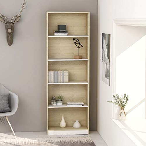 Modern Style,5-Tier Bookshelf,bookcase,Storage Shelf,Display Rack,shelving unit,for Living Room,Bedroom,Dining room,Kitchen,Study,Hallway,Bathroom,White and Sonoma Oak 23.6"x9.4"x68.9" Chipboard
