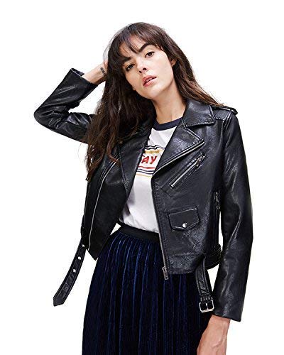 LY VAREY LIN Women's Faux Leather Motorcycle Jacket PU Slim Short Biker Coat (XL, Black)