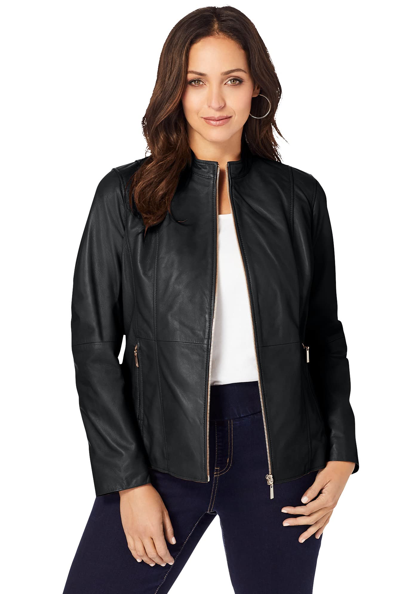 Jessica London Women's Plus Size Zip Front Leather Jacket - 14 W, Black