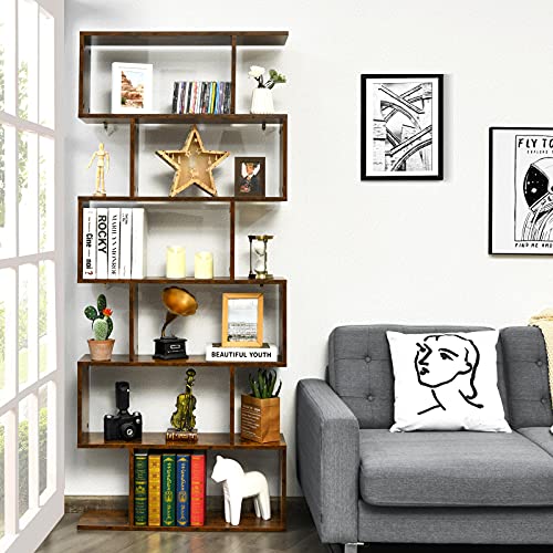 Augester 6-Tier Bookshelf, Wood S-Shaped Bookcase with Anti-toppling Device, Freestanding Display Shelf for Living Room, Bedroom, Office (Coffee)
