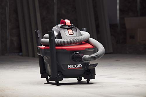 RIDGID, 62698, 6 Gallon RT0600 NXT Wet/Dry Vac, RED Professional Industrial, 4.25 HP, Casters, Pro Locking Hose, Qwik Lock Filter, Longer Motor Life, Polyropylene Drum, Large Handle, Dark Gray and Red
