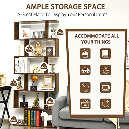 Augester 6-Tier Bookshelf, Wood S-Shaped Bookcase with Anti-toppling Device, Freestanding Display Shelf for Living Room, Bedroom, Office (Coffee)