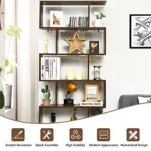 Augester 6-Tier Bookshelf, Wood S-Shaped Bookcase with Anti-toppling Device, Freestanding Display Shelf for Living Room, Bedroom, Office (Coffee)