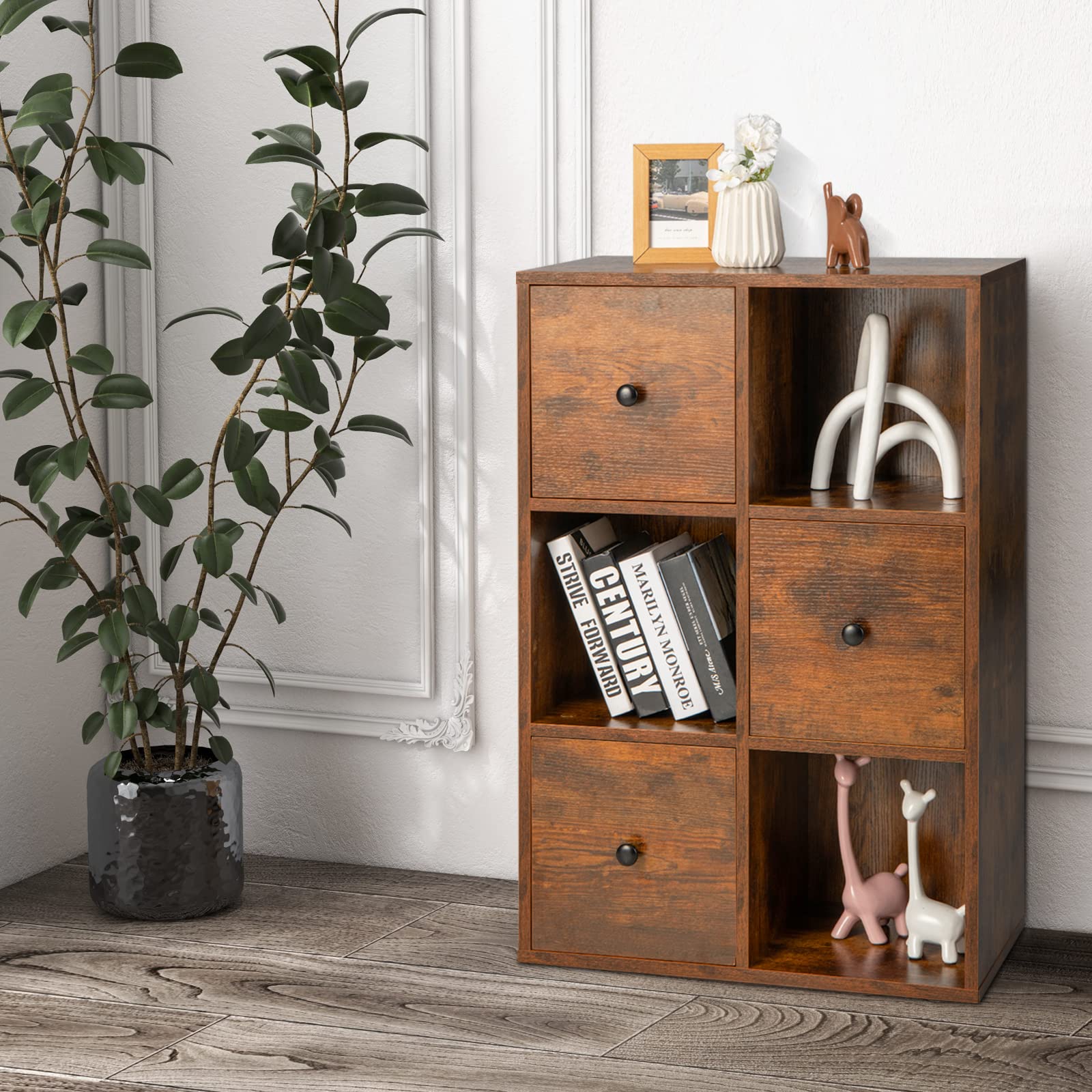 IFANNY 6 Cube Bookcase, 3 Tier Bookshelf with Drawers, Wood Storage Shelves, Modern Display Shelf, Cubical Book Cases, Small Book Shelf for Bedroom, Living Room, Home Office (Rustic Brown)