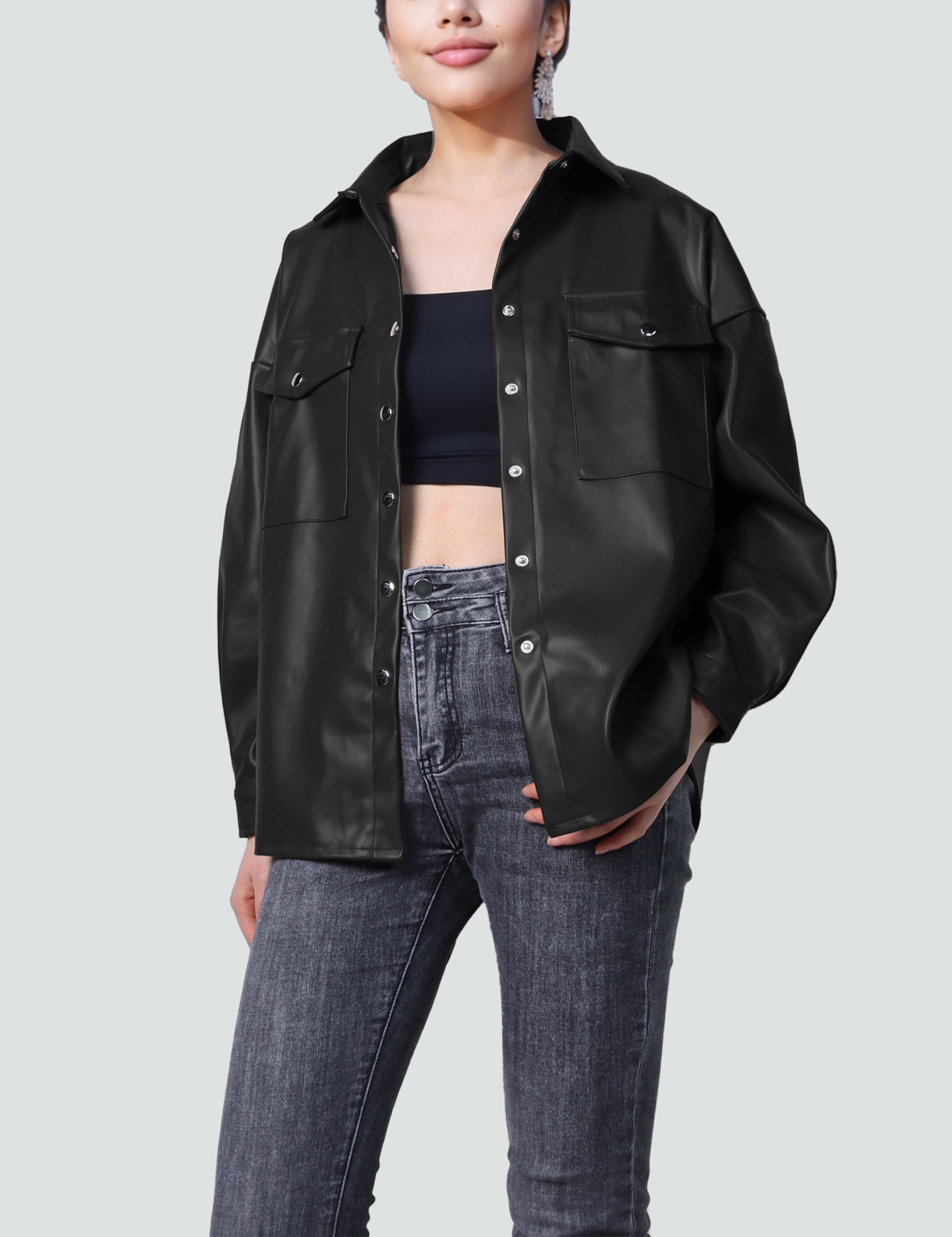 SeekMe Women's PU Leather Jacket Shacket Button Down Lapel Blazer Coat with Bust Pocket(0545-Black-L-QB)